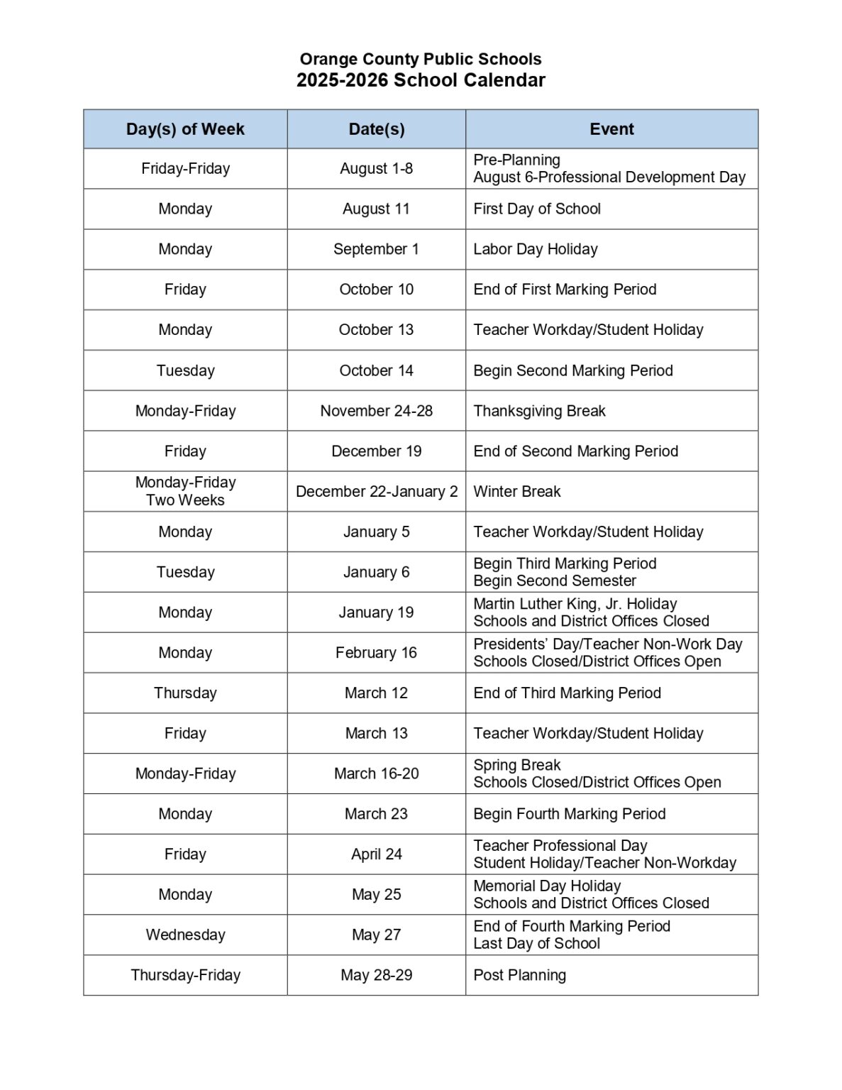 Orange County Public Schools Calendar 2026-2027 [Virginia]