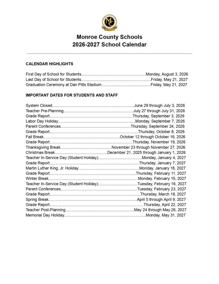 Monroe County Schools Calendar 2026-2027 [Academic Year]