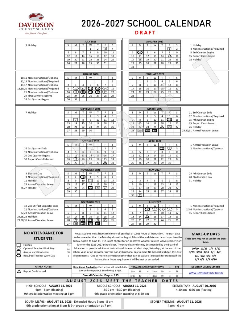 Davidson County Schools Calendar 2026-2027 [Yearly Calendar]