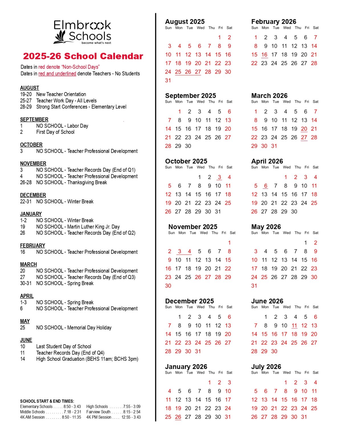 Elmbrook School District Calendar 2026-2027 [Academic Year]