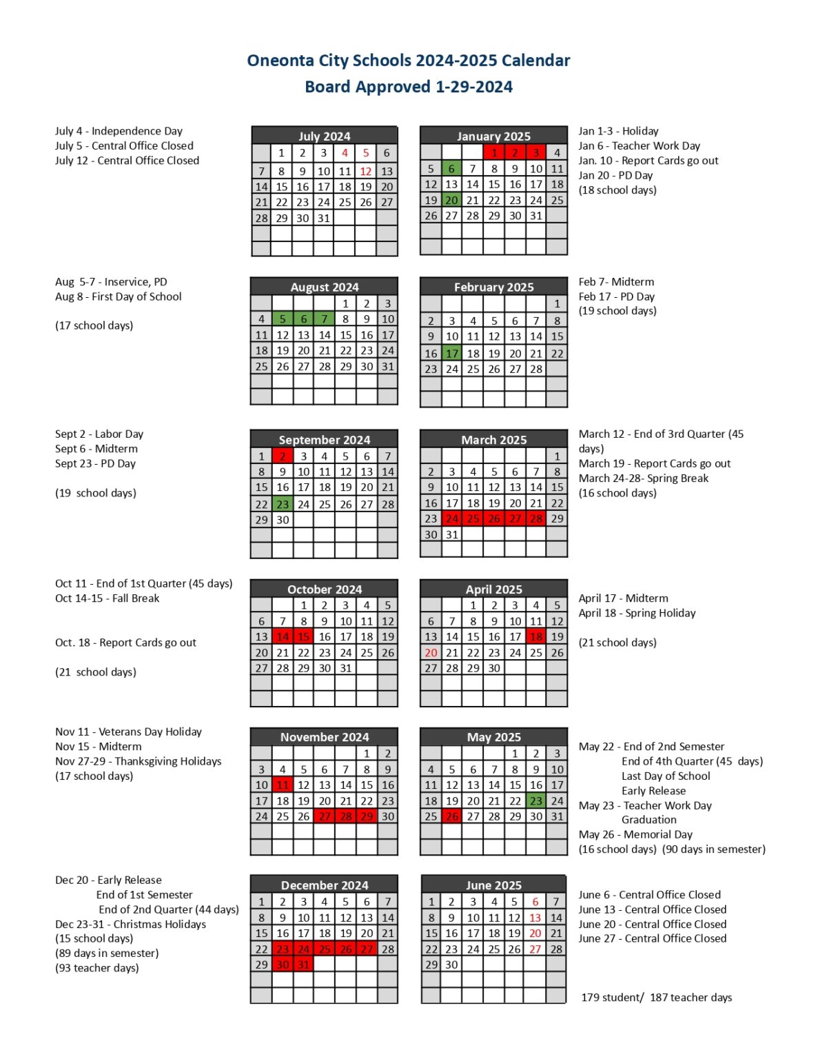 Oneonta City Schools Calendar 2025-2026 with Holidays
