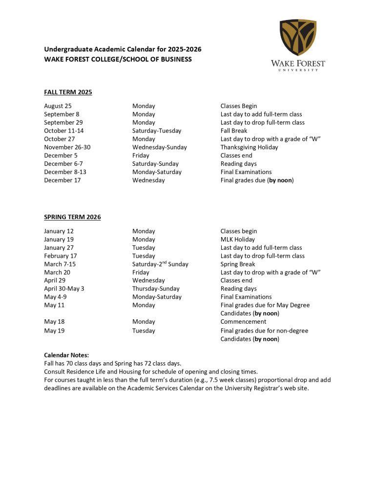 Wake Forest University Academic Calendar 2026-2027 [PDF]