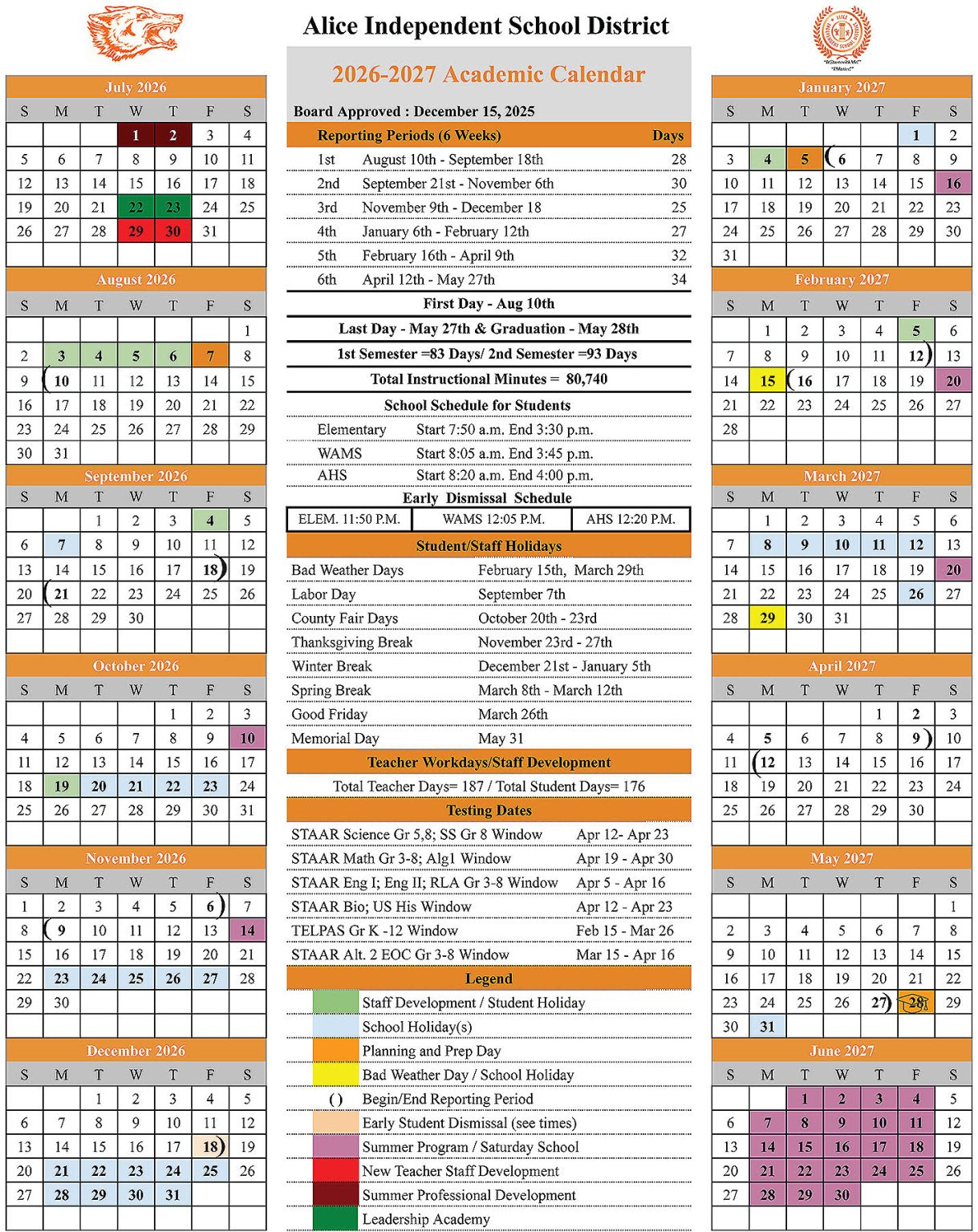 Alice Independent School District Calendar 2026-2027 [PDF]