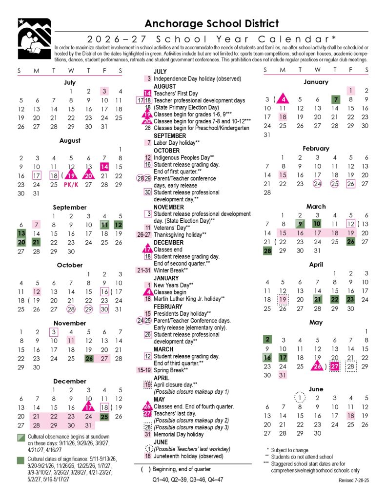 Anchorage School District Calendar 2026-2027 [Academic Year]