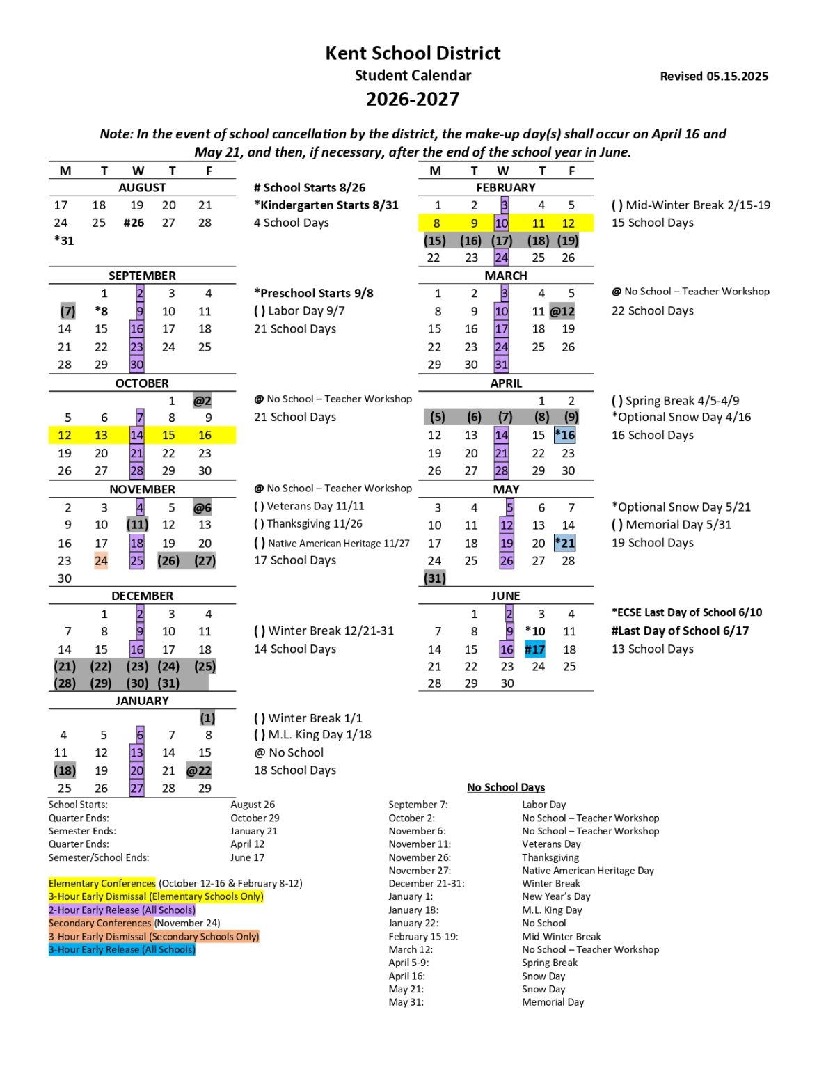 Kent School District Calendar 2026 - School District Calendar