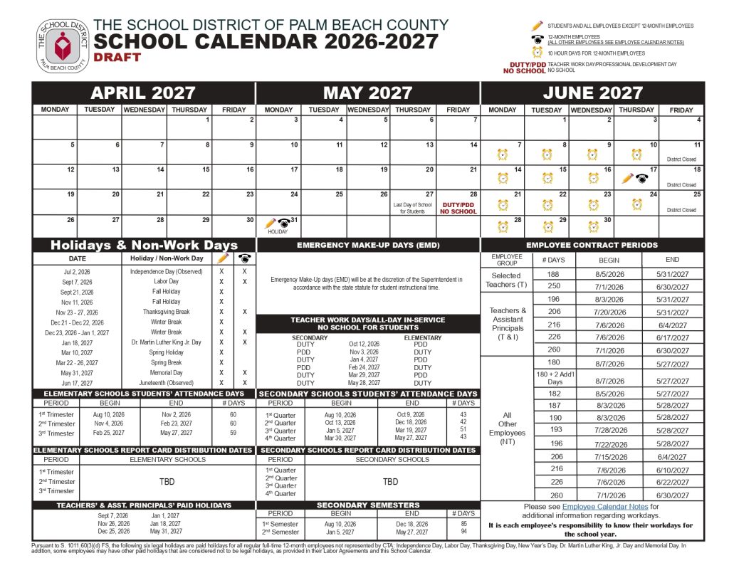 Palm Beach County Schools District Calendar 2026-2027 [PDF]