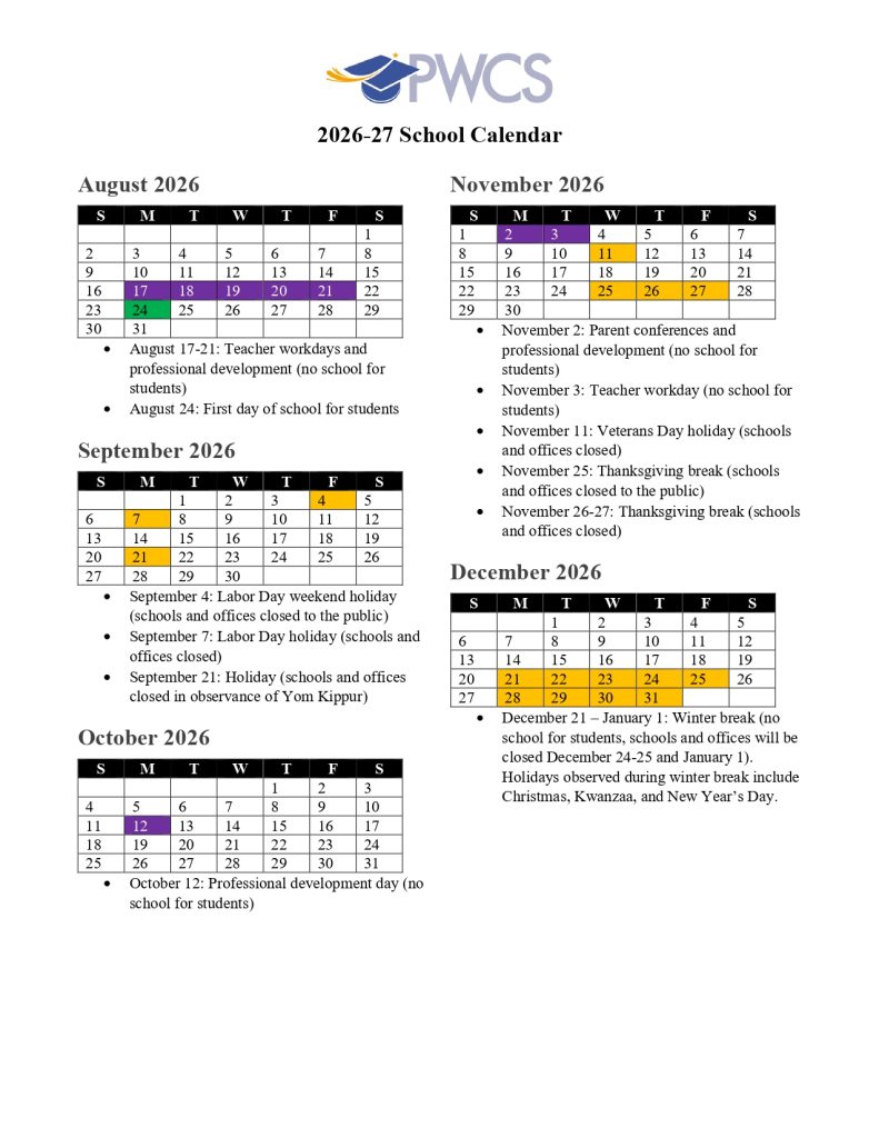 Prince William County Public Schools Calendar 2026 2027 Pdf