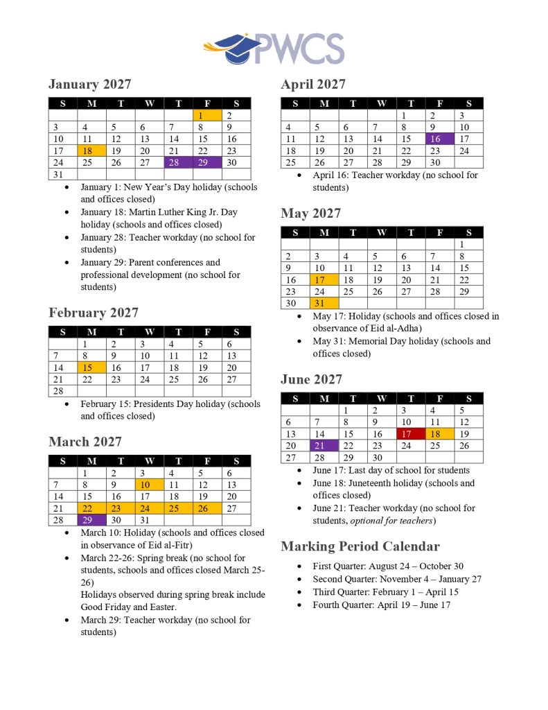 Prince William County Public Schools Calendar 2026 2027 Pdf