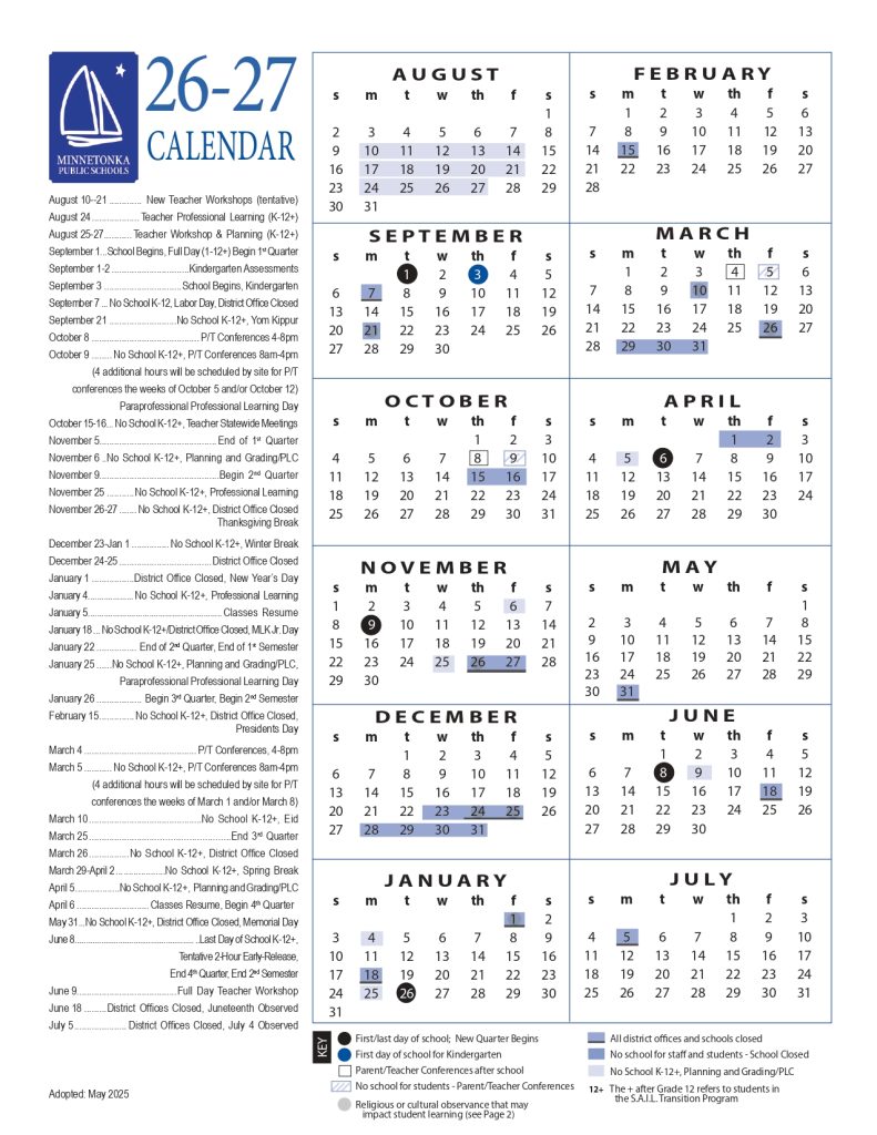 Minnetonka Public Schools Calendar 2026-2027 [High School]