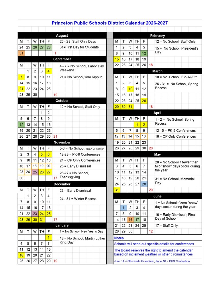 Princeton Public Schools Calendar 2026-2027 [Elementary]