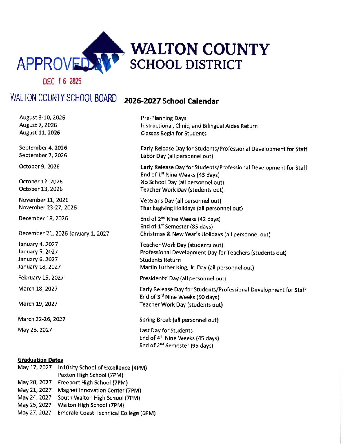 Walton County Schools District Calendar 2026-2027 [Yearly]