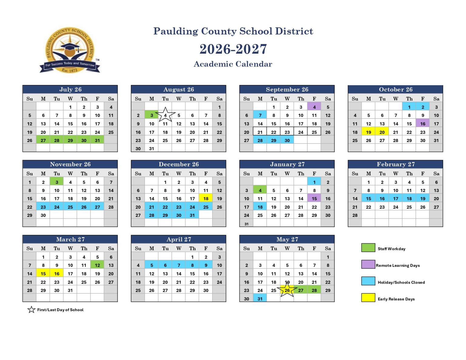 Paulding County Schools Calendar 2026-2027 [Georgia Schools]