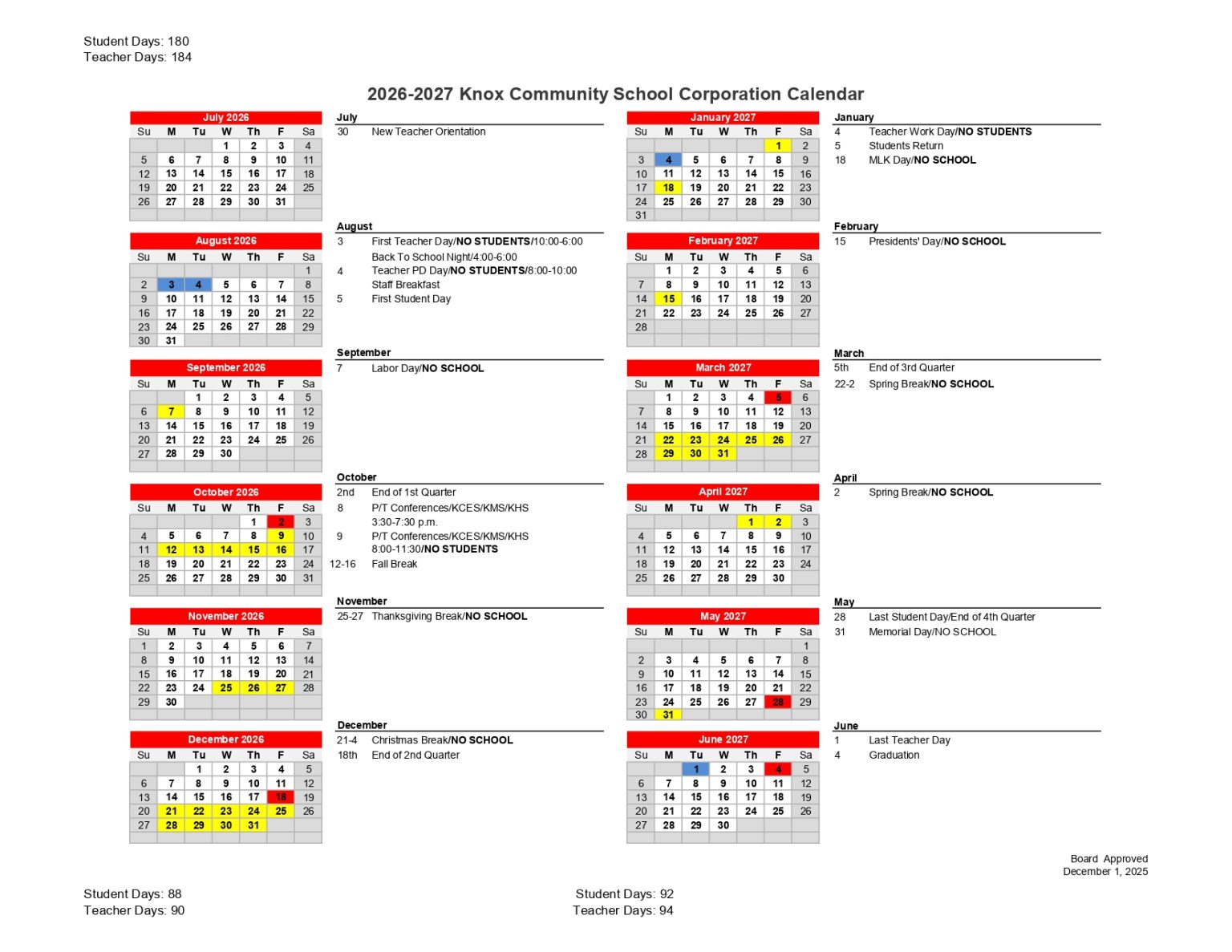 Knox County Schools Calendar 2026-2027 [Academic Year]