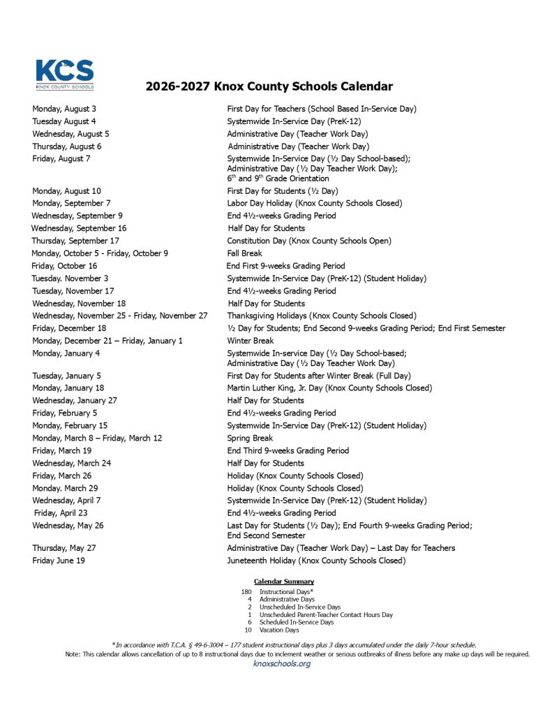 Knox County Schools Calendar 2026-2027 [Academic Year]