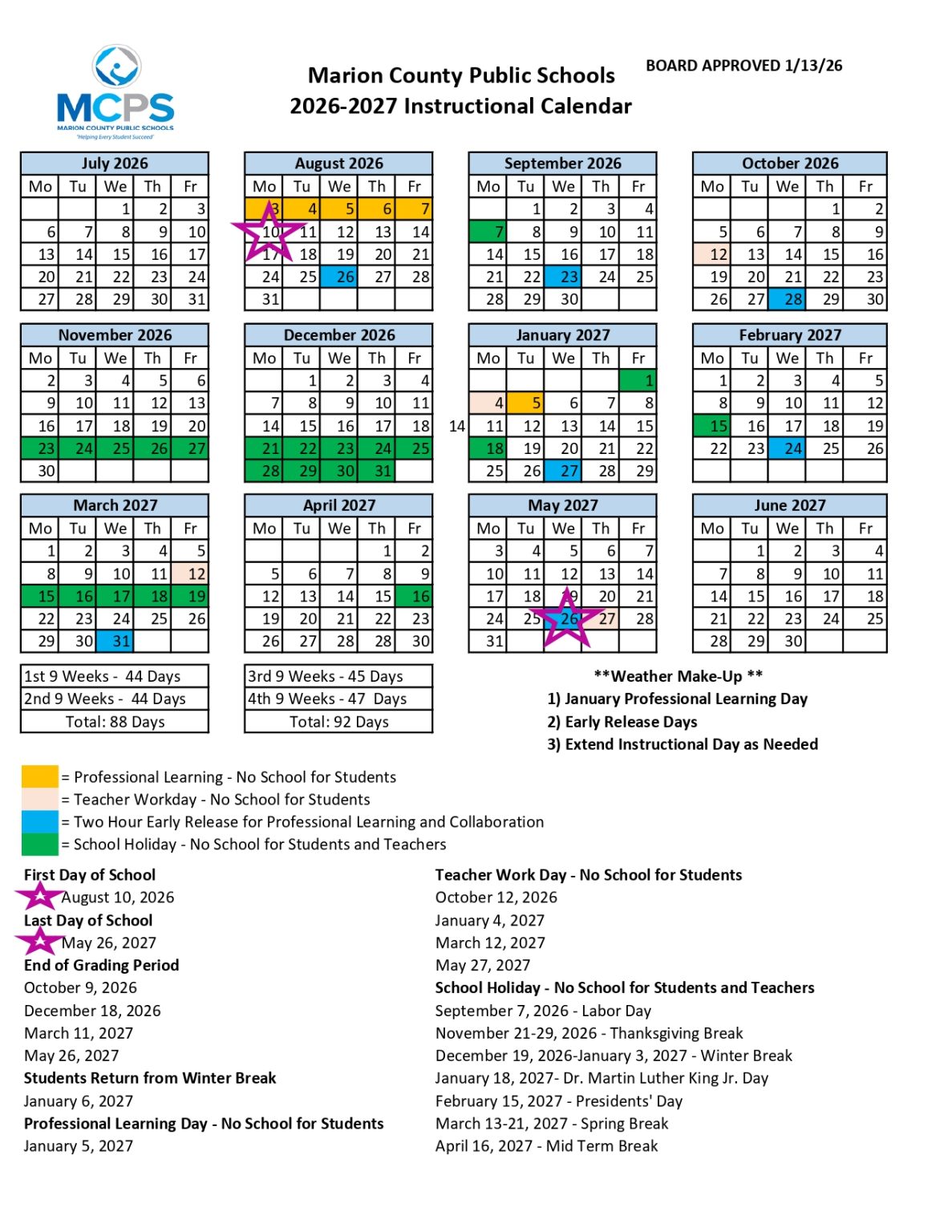 Marion County Public Schools Calendar 2026-2027 [District]