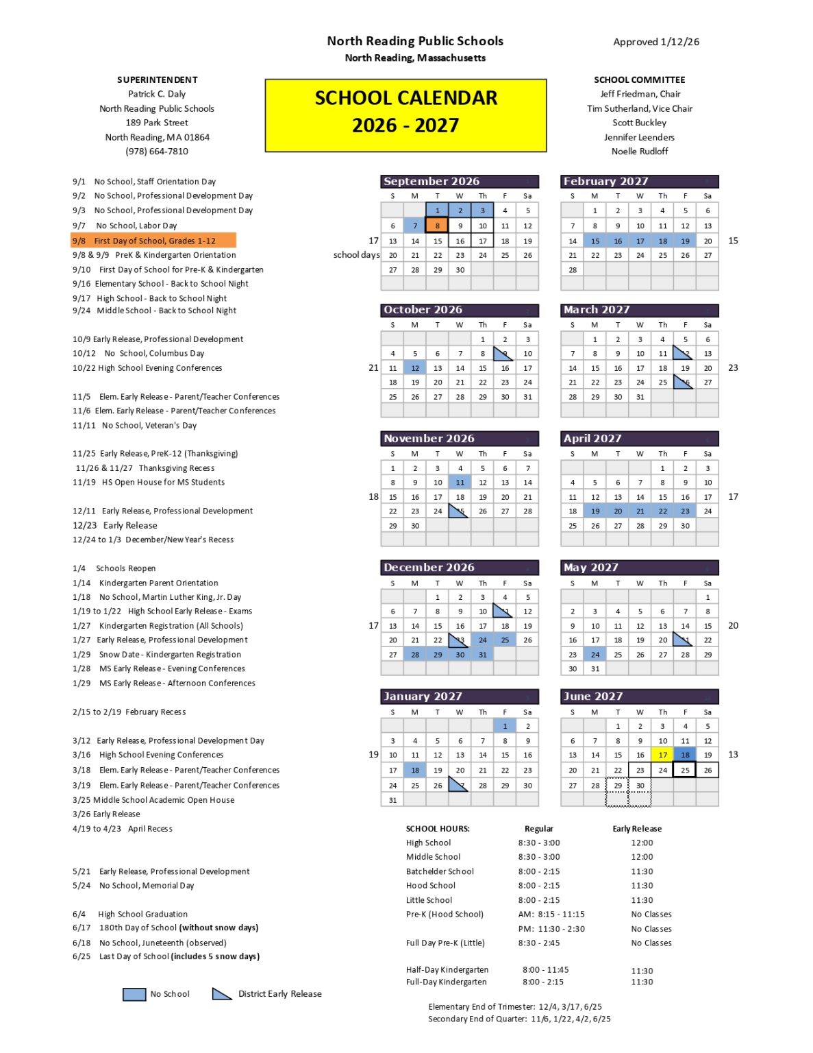 Reading Public Schools Calendar 2026-2027 [Community School]