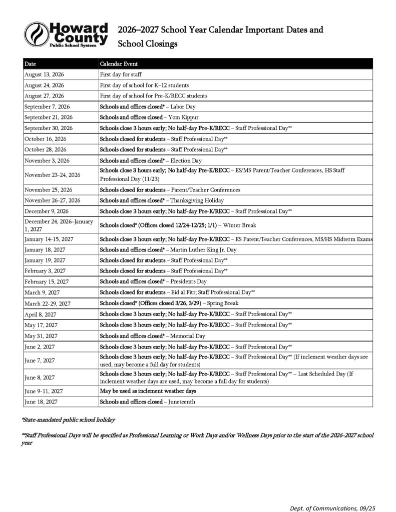 Howard County Public Schools Calendar 2026 - School District Calendar