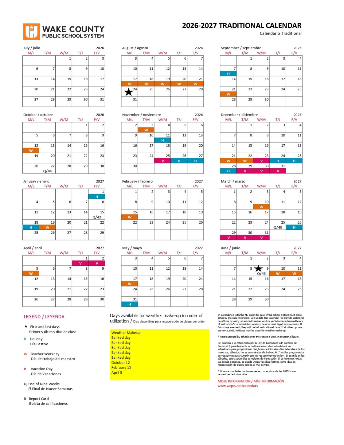 Wake County Schools Calendar 2026-2027 [Public Schools]