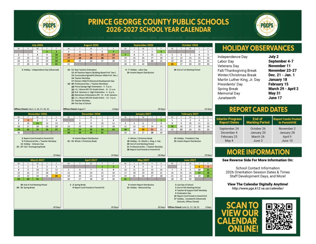 PG County Schools Calendar 2026-2027 [Prince George]