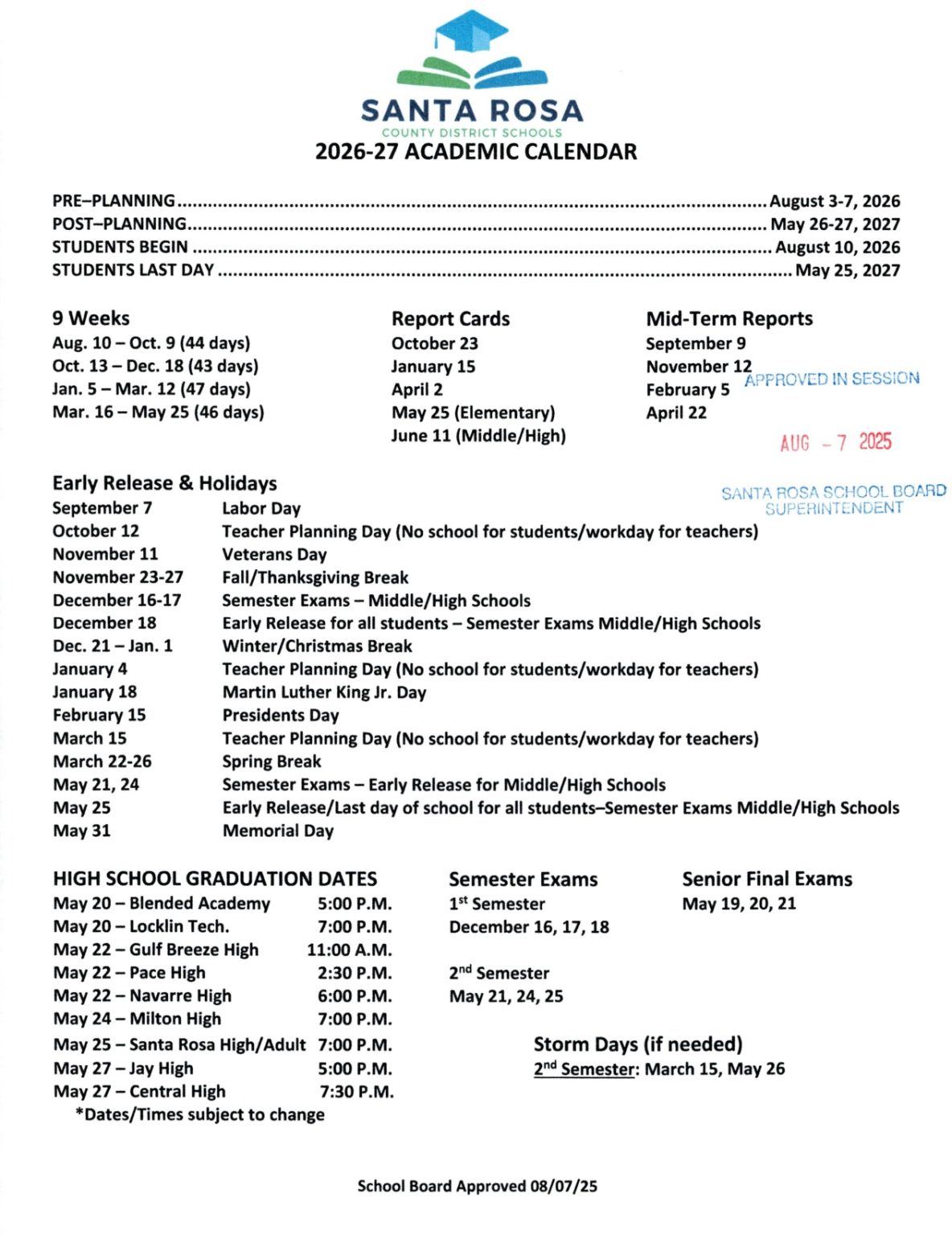 Santa Rosa County Schools Calendar 2026 - School District Calendar