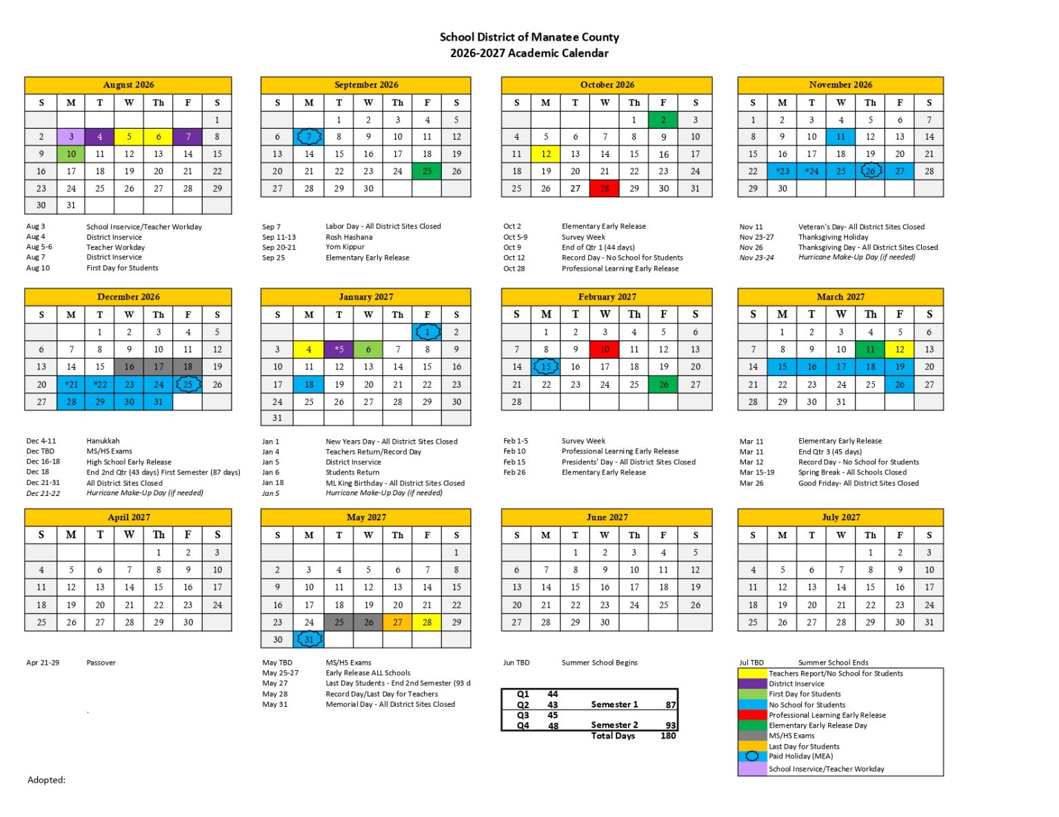 Manatee County Schools Calendar 2026-2027 [Academic Year]