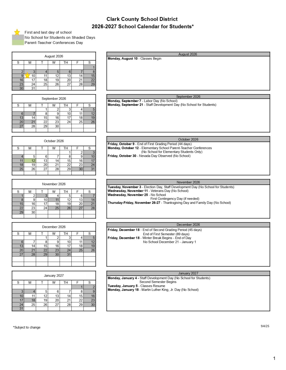 Clark County Schools District Calendar 2026-2027 [Yearly]