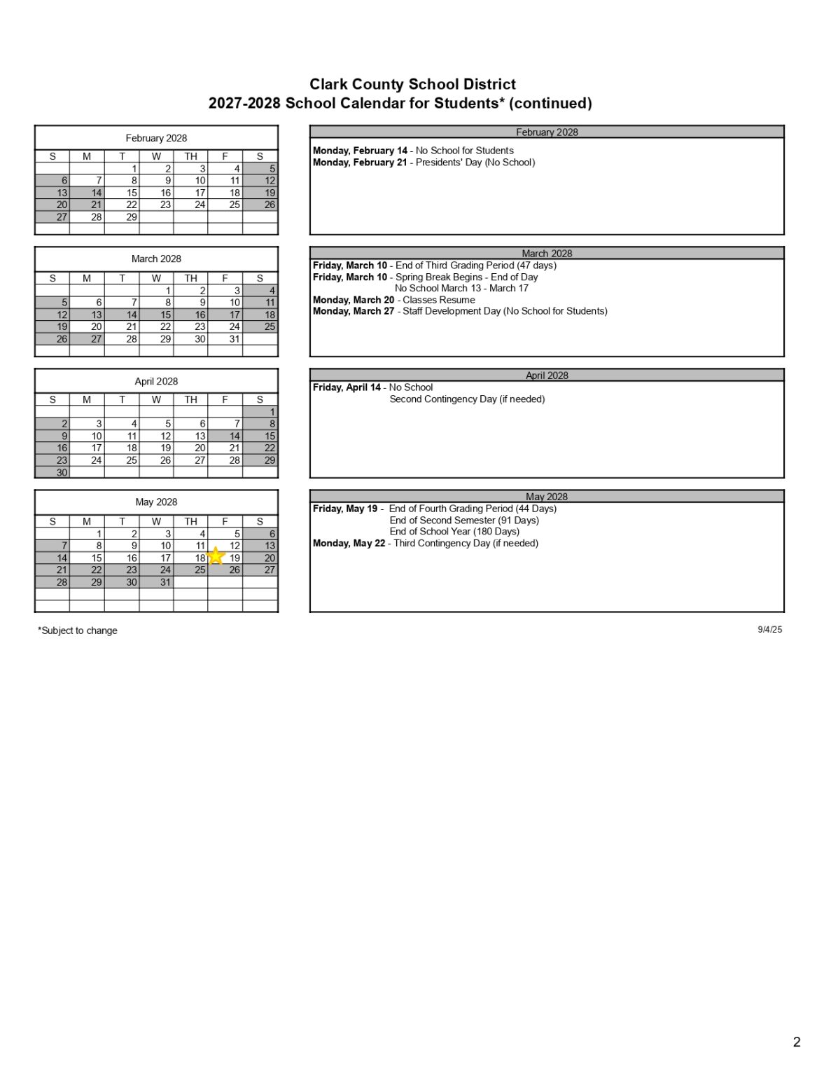 Clark County Schools District Calendar 2026-2027 [Yearly]