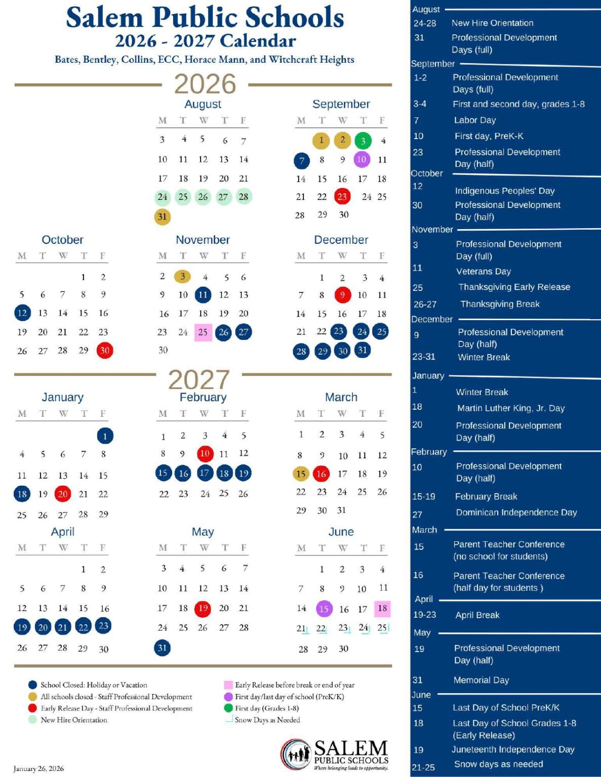 Salem City Schools Calendar 2026-2027 [Public Schools]