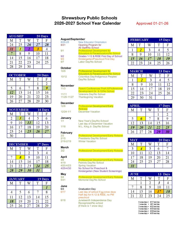 Shrewsbury Public Schools Calendar 2026-2027 [High Schools]